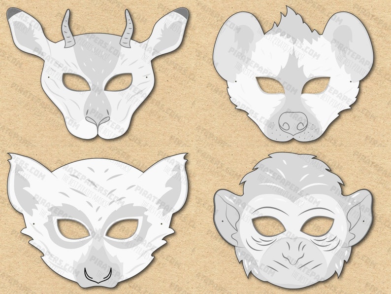 Jungle Animals 2 Masks Printable Coloring, Lemur, Hyena, Antelope ...