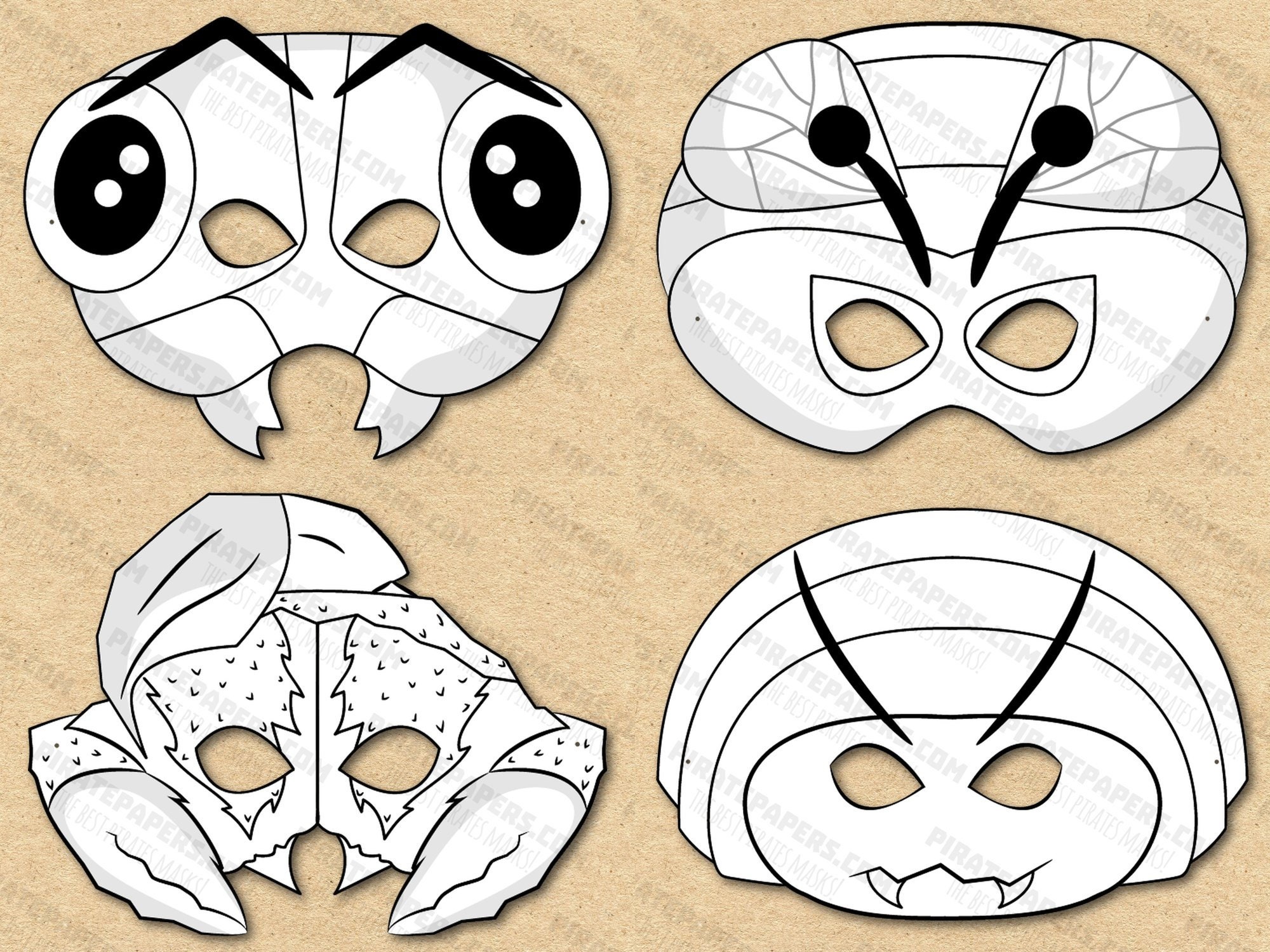 Bugs and Insects 3 Masks Printable Coloring, Scorpion, Cockroach, Ant, Bee, Paper DIY Kids ...