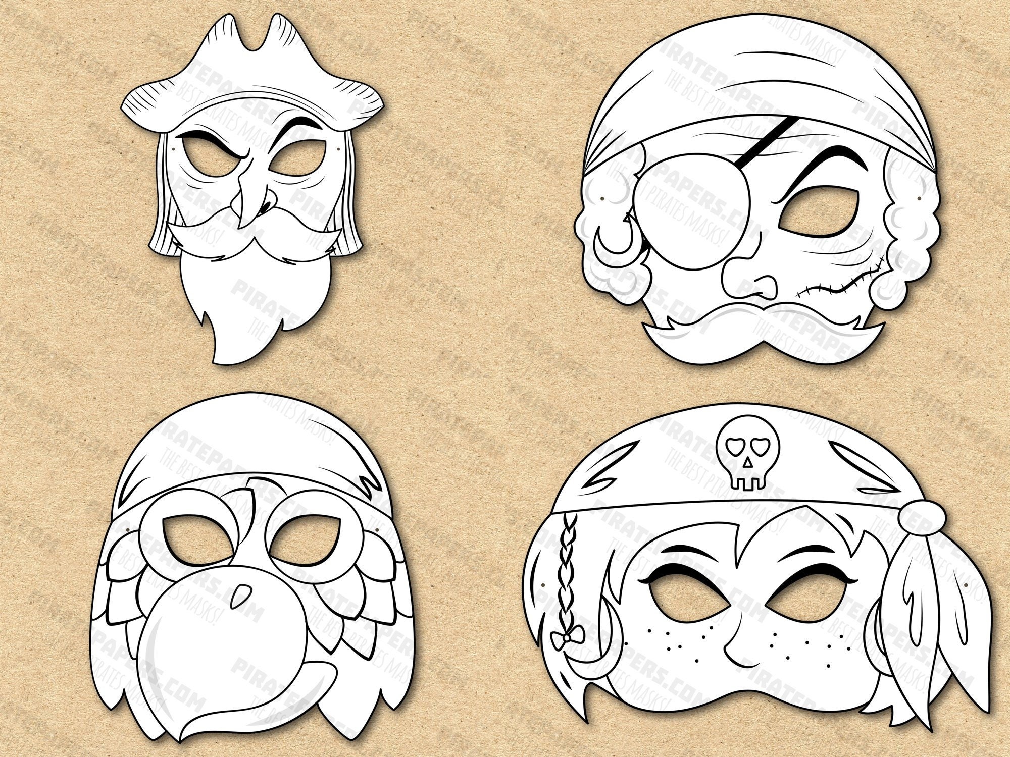 Pirates Masks Printable Coloring, One Eyed Pirate, Parrot, Pirate Girl ...