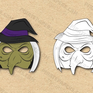 Witch Masks Printable Color + Coloring, Paper DIY for Kids and Adults ...