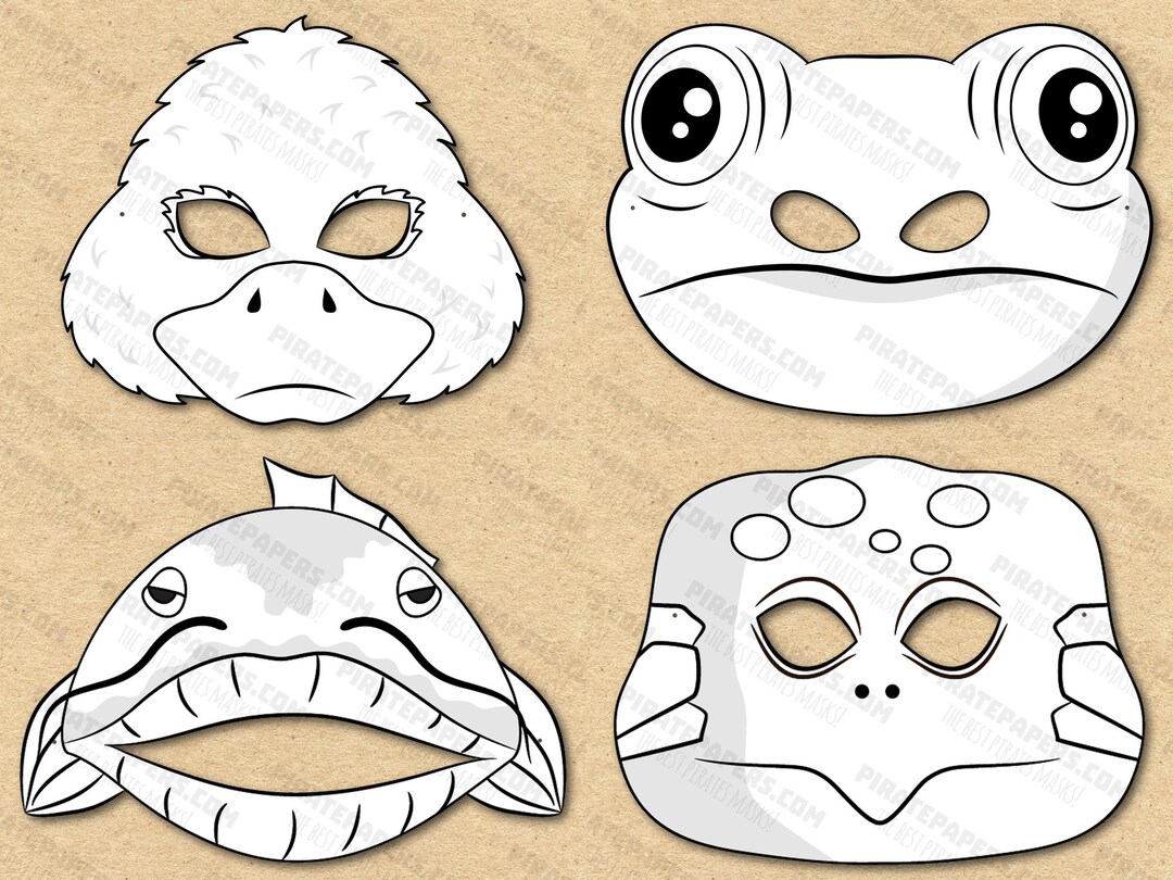 Pond Animals Masks Printable Coloring, Catfish, Frog, Turtle, Duck ...
