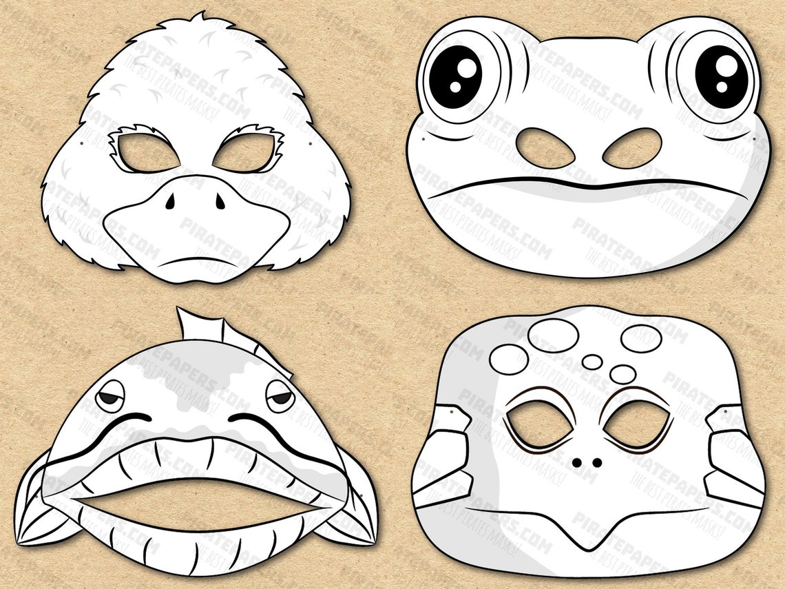 Pond Animals Masks Printable Coloring, Catfish, Frog, Turtle, Duck ...