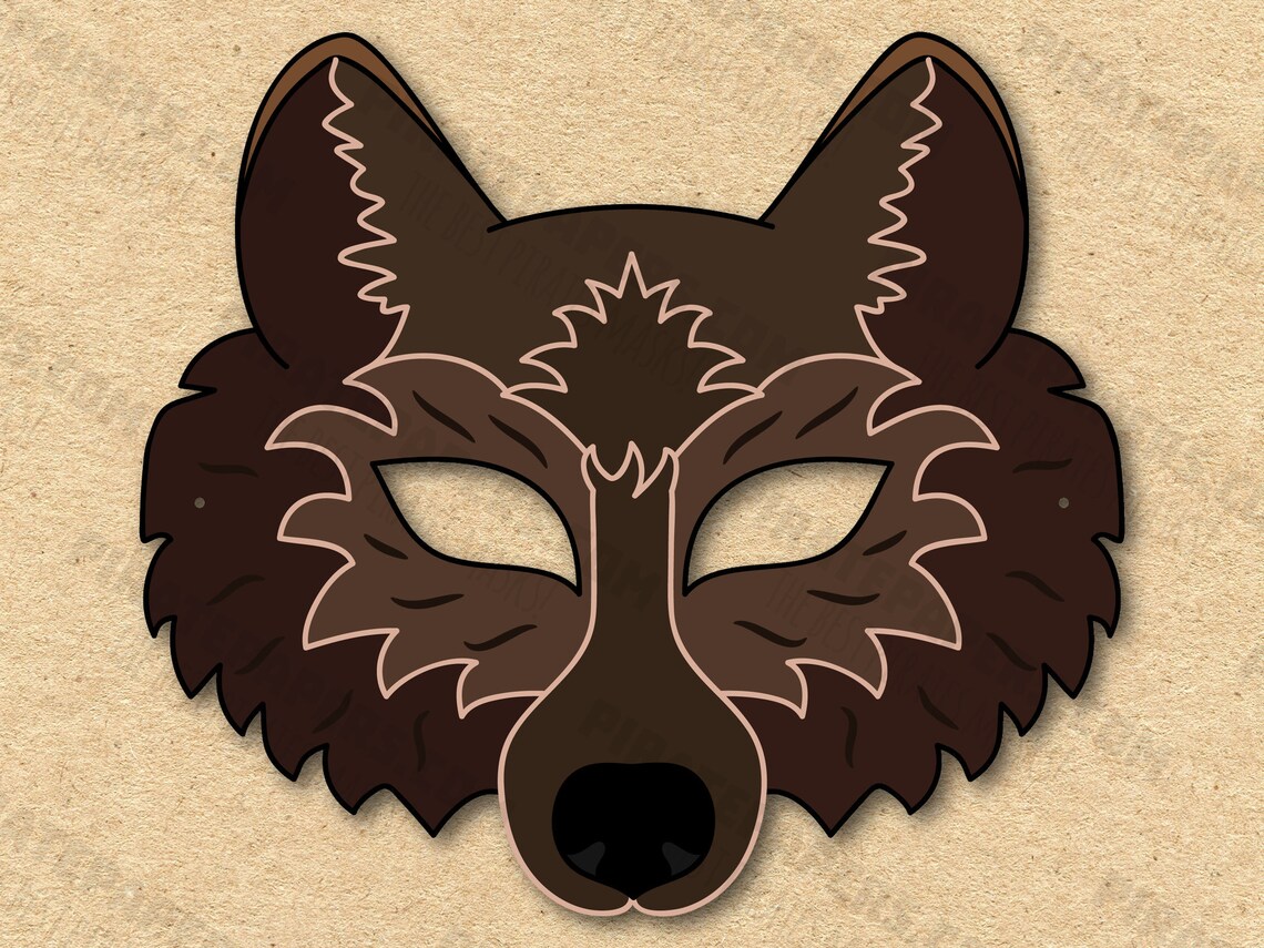 Brown Wolf Mask Printable, Paper DIY for Kids and Adults. PDF Template ...