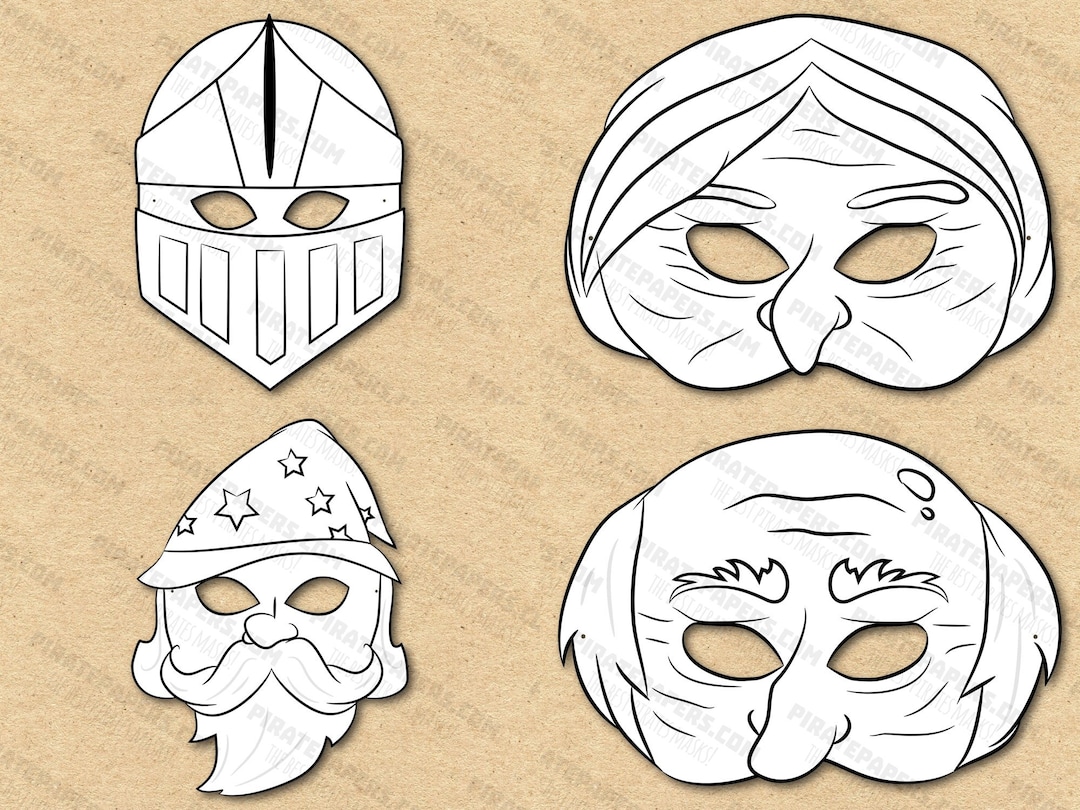 Fairy Tale 2 Masks Printable Coloring, Wizard, Knight, Old Woman, Old ...