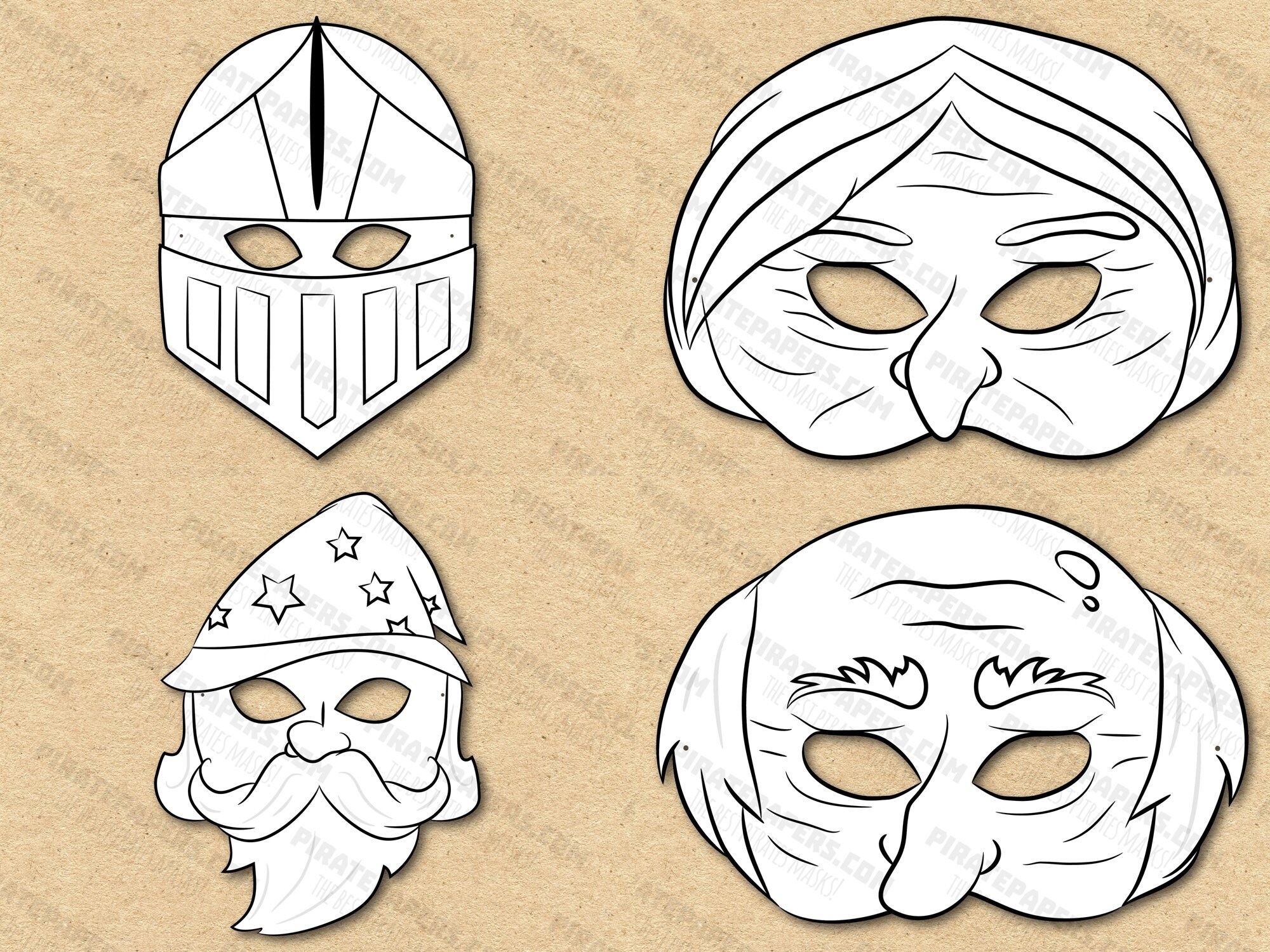 Fairy Tale 2 Masks Printable Coloring, Wizard, Knight, Old Woman, Old ...