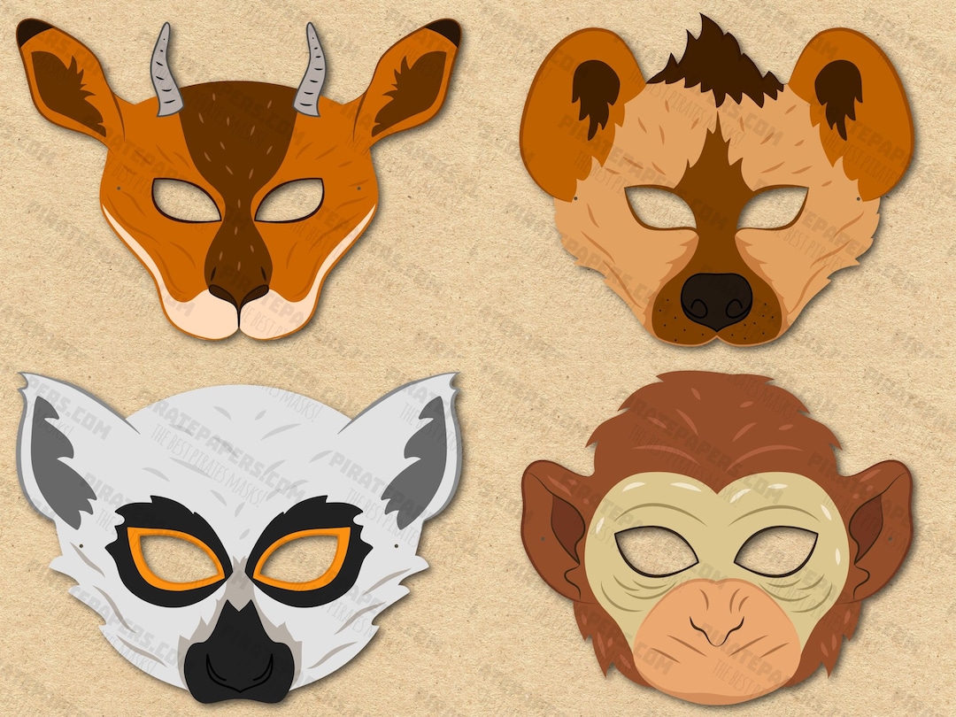 Jungle Animals 2 Masks Printable, Lemur, Hyena, Antelope, Monkey, Paper ...