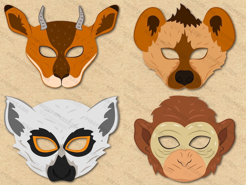 Jungle Animals 2 Masks Printable, Lemur, Hyena, Antelope, Monkey, Paper ...