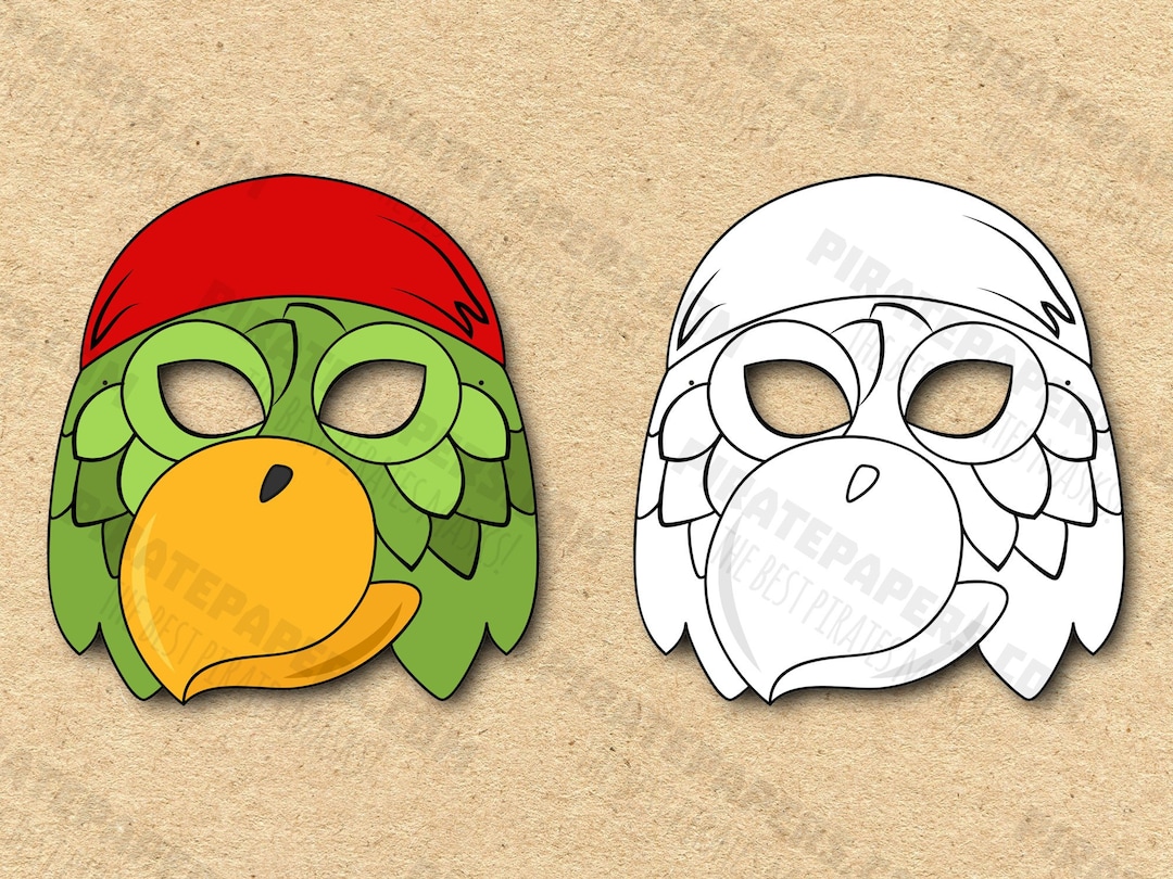 Pirate's Parrot Masks Printable Color + Coloring, Paper DIY for Kids ...