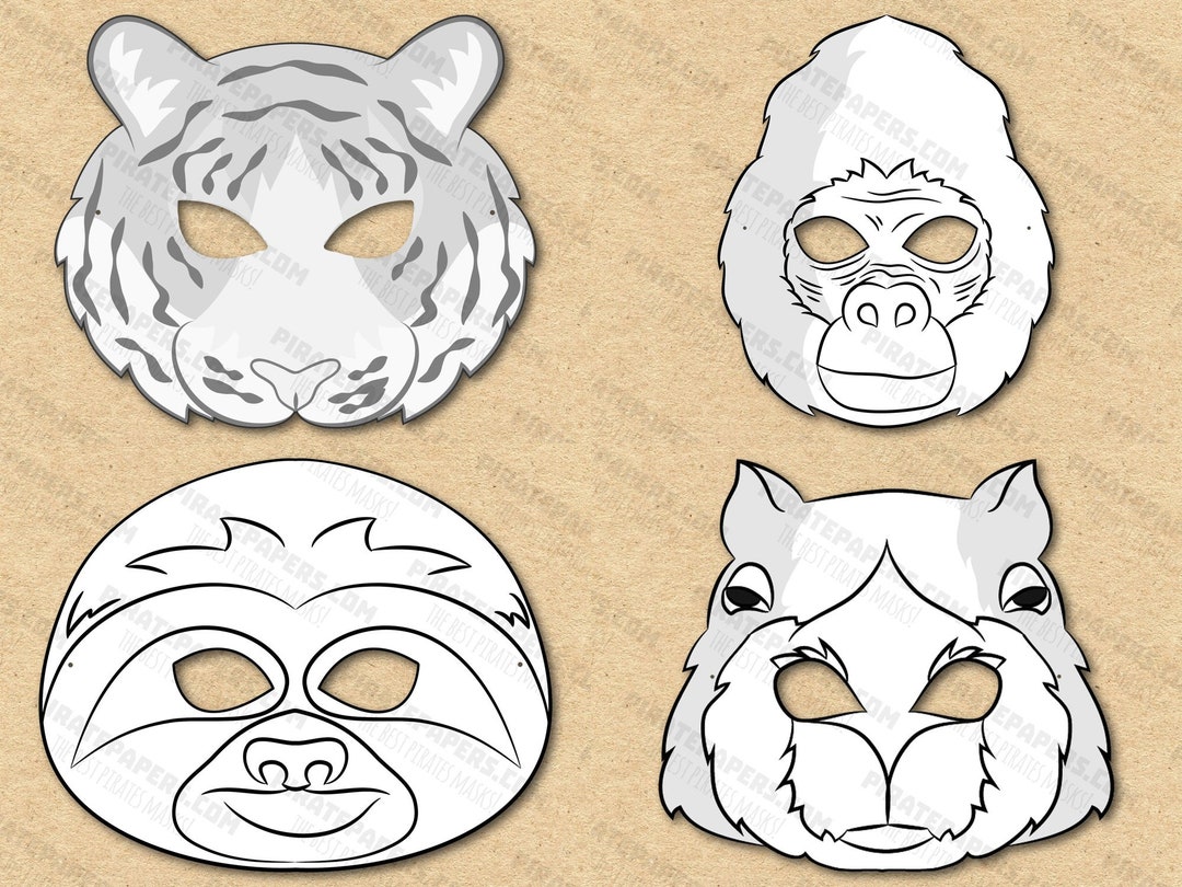 Rainforest Animals 2 Masks Printable Coloring, Tiger, Sloth, Capybara ...