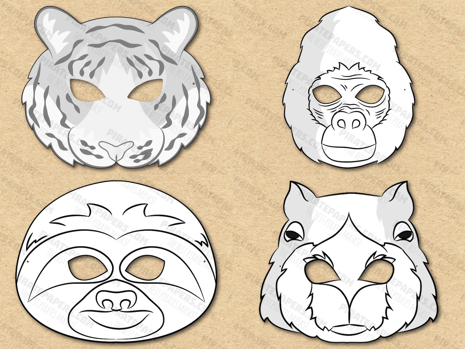 Rainforest Animals 2 Masks Printable Coloring, Tiger, Sloth, Capybara ...