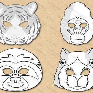 Rainforest Animals 2 Masks Printable Coloring, Tiger, Sloth, Capybara ...