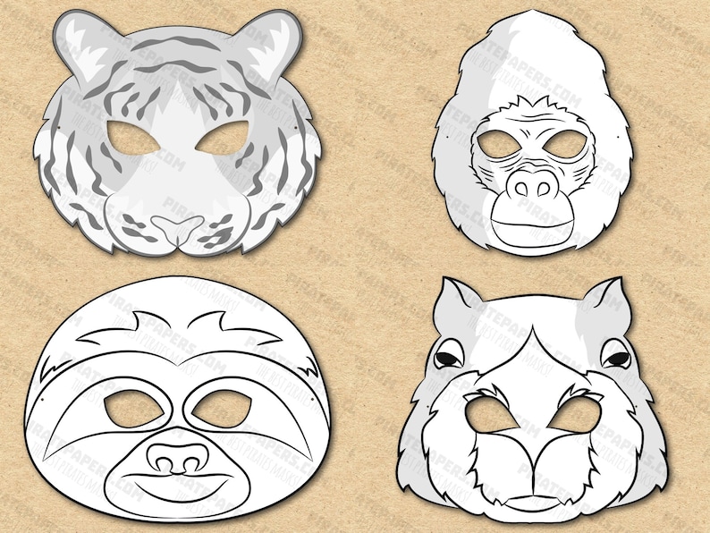 Rainforest Animals 2 Masks Printable Coloring, Tiger, Sloth, Capybara ...