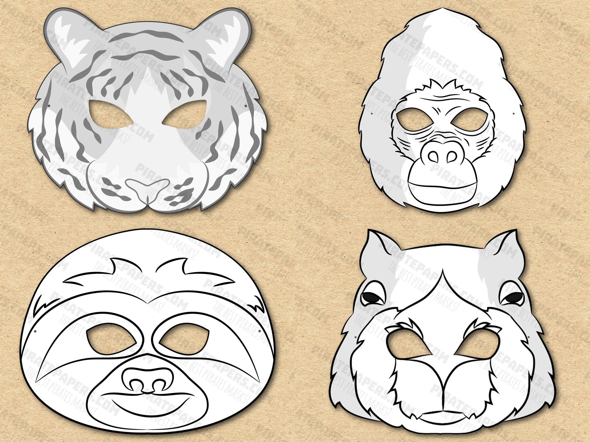 Rainforest Animals 2 Masks Printable Coloring, Tiger, Sloth, Capybara ...