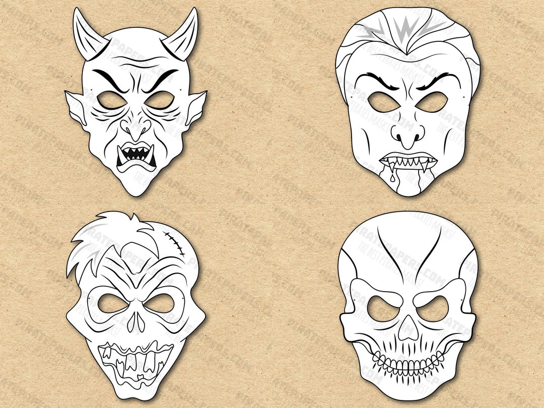 Scary 2 Masks Printable Coloring, Evil, Demon, Dracula, Skull. Paper ...
