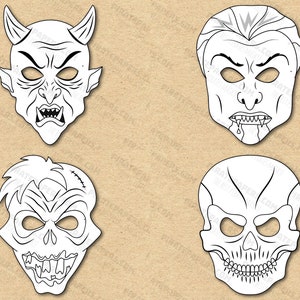 Scary 2 Masks Printable Coloring, Evil, Demon, Dracula, Skull. Paper ...