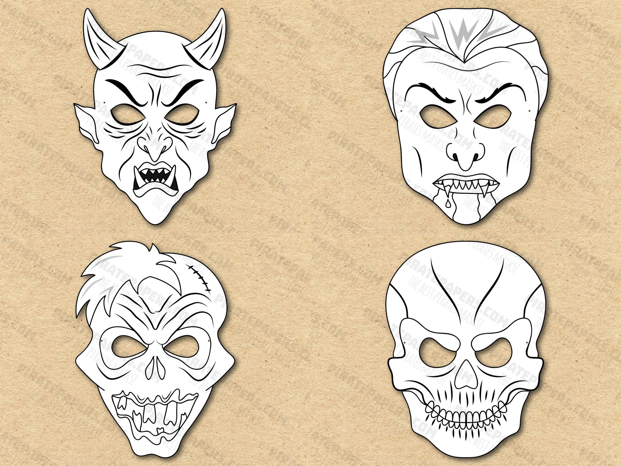 Scary 2 Masks Printable Coloring, Evil, Demon, Dracula, Skull. Paper ...