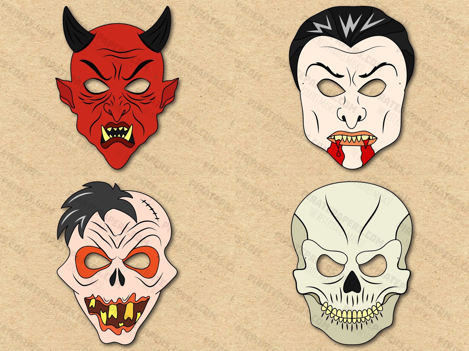 Scary 2 Masks Printable, Evil, Demon, Dracula, Skull. Paper DIY Kids ...