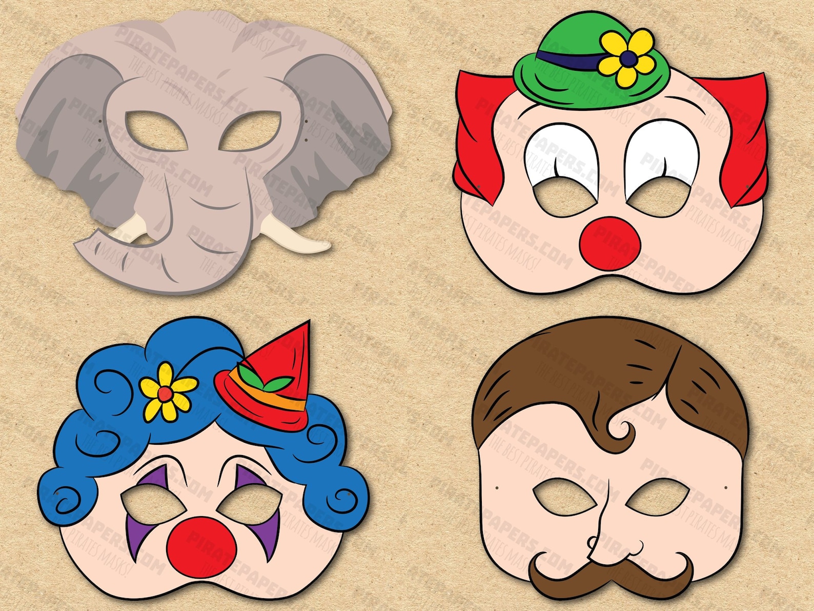 Circus Masks Printable, Clown, Clown 2, Athlete, Elephant. Paper DIY ...