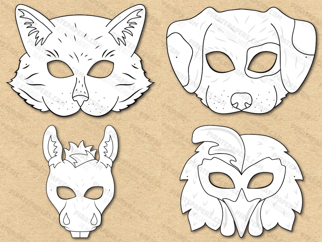 Farm and Barnyard Animals 3 Masks Printable Coloring, Cat, Dog, Donkey ...