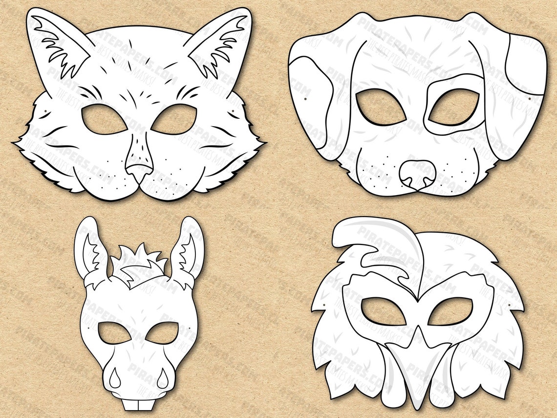 Farm and Barnyard Animals 3 Masks Printable Coloring, Cat, Dog, Donkey ...