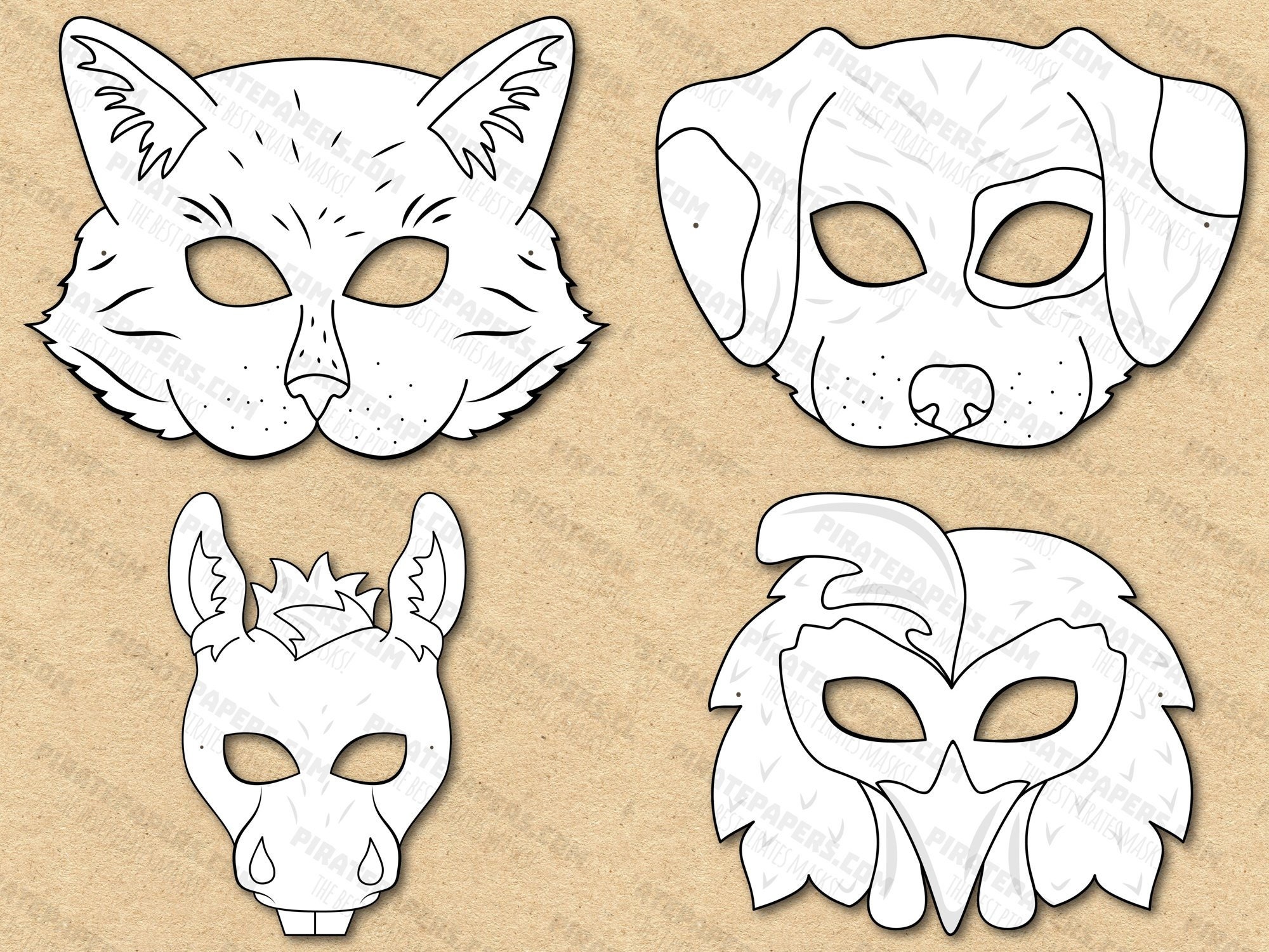 Farm and Barnyard Animals 3 Masks Printable Coloring, Cat, Dog, Donkey ...
