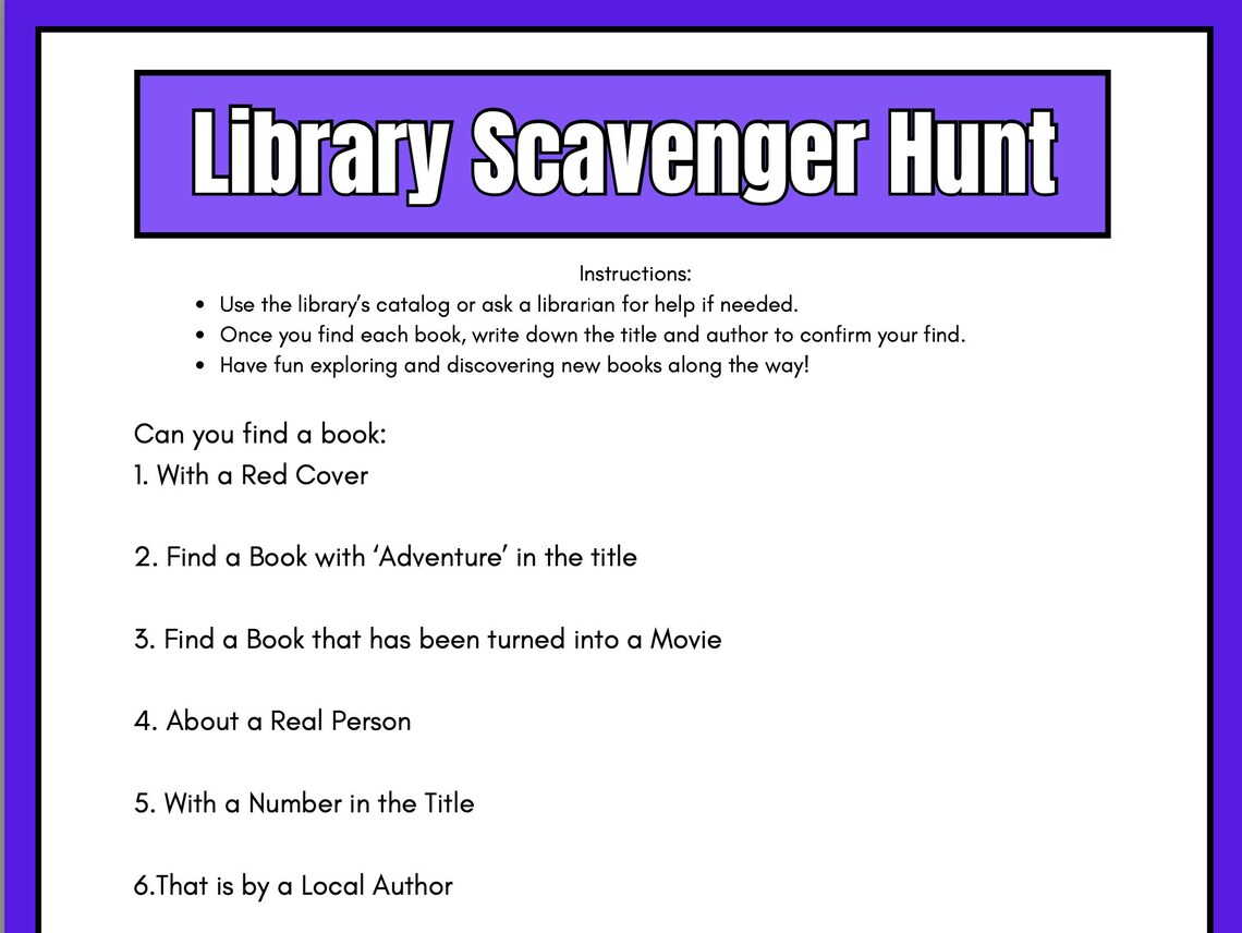 Library Scavenger Hunt Printable | Fun Kids Activity | Educational Game ...