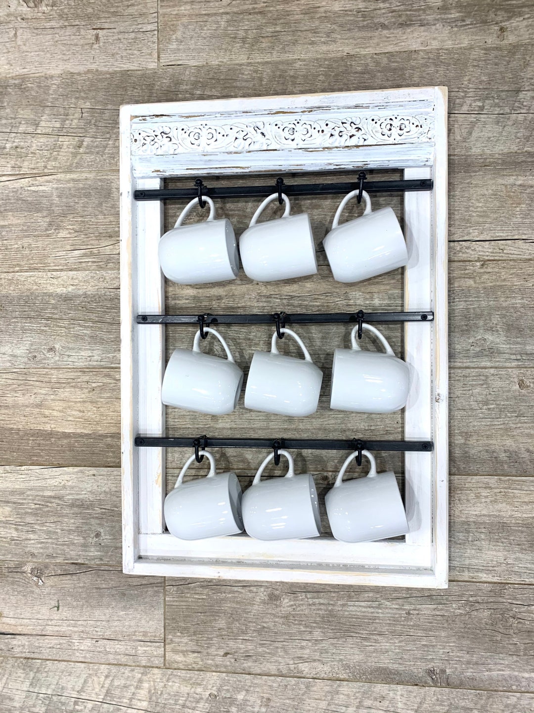 Wall Mounted Mug Rack, Metal & Wood, Coffee Cup Rack for Wall, 9 Cup ...