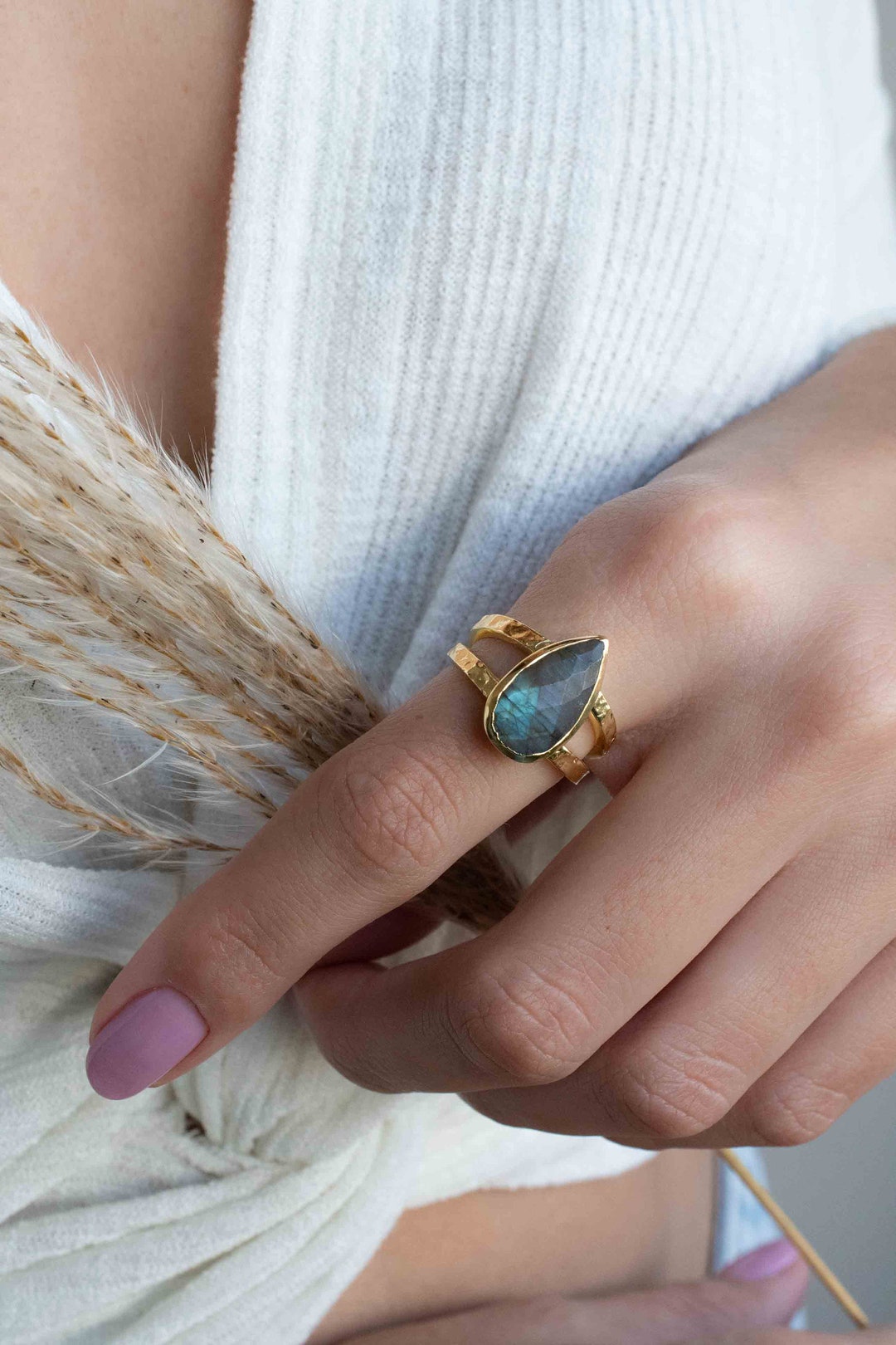 Rainbow Labradorite Ring Gold Ring Gemstone Gold Plated Statement ...