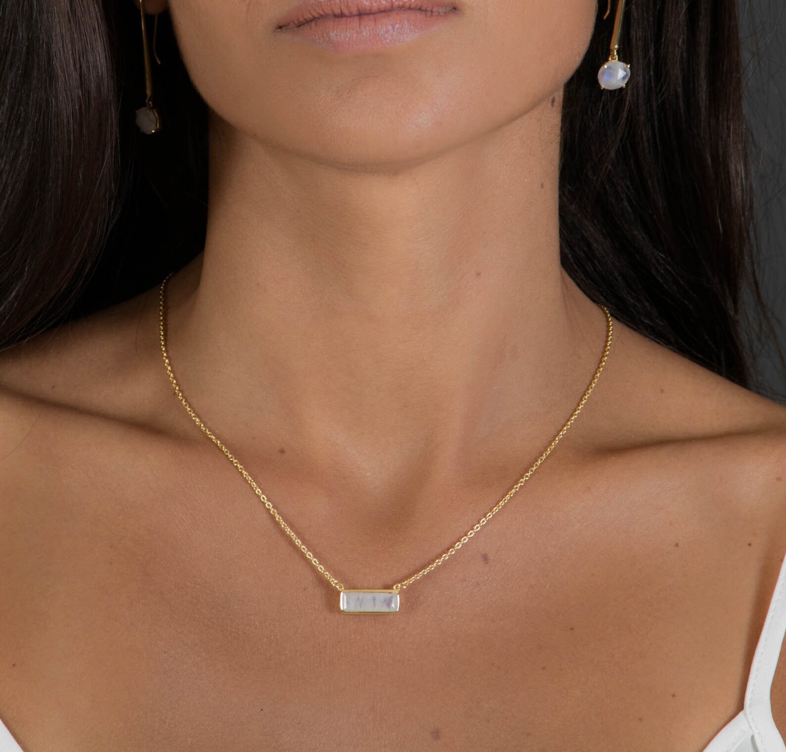 Moonstone Rectangle Bar Necklace Gold Vermeil or Sterling | Etsy