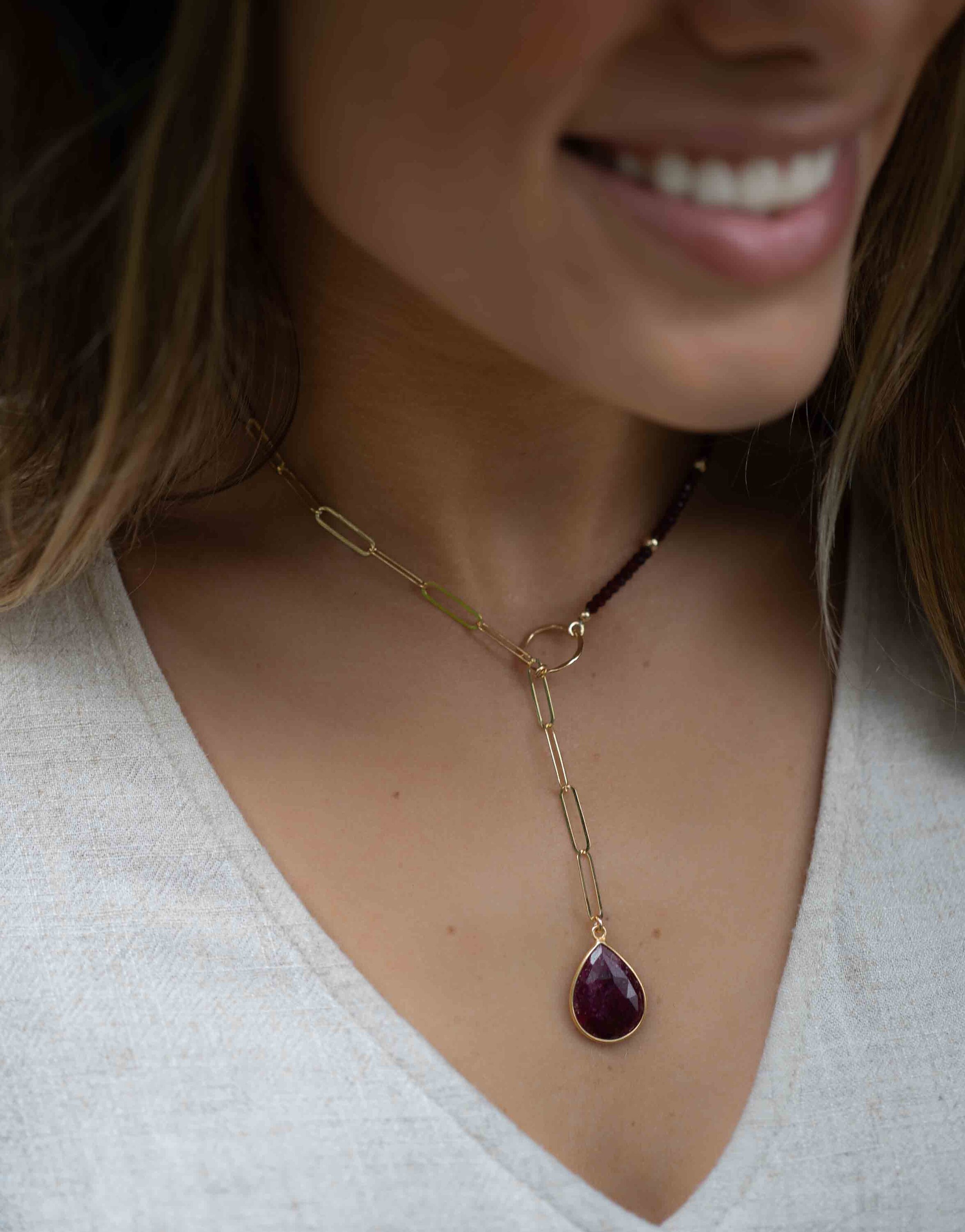 Ruby Tear Drop Lariat Necklace Gold Gemstone - Etsy