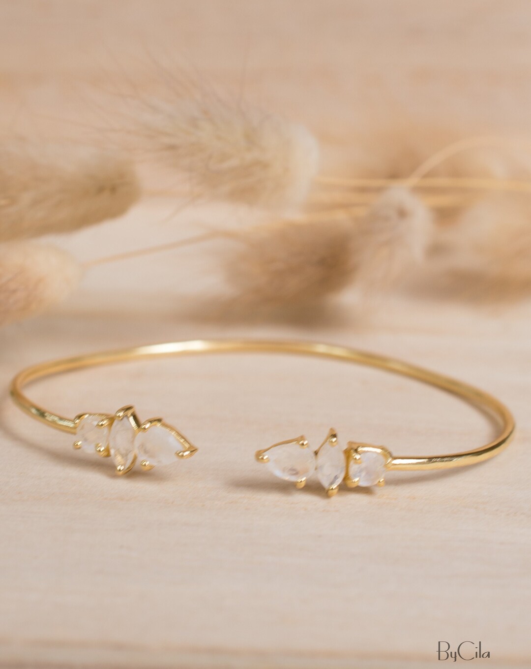 Moonstone Bangle Bracelet Gold Plated Gemstone Gypsy Hippie Adjustable ...