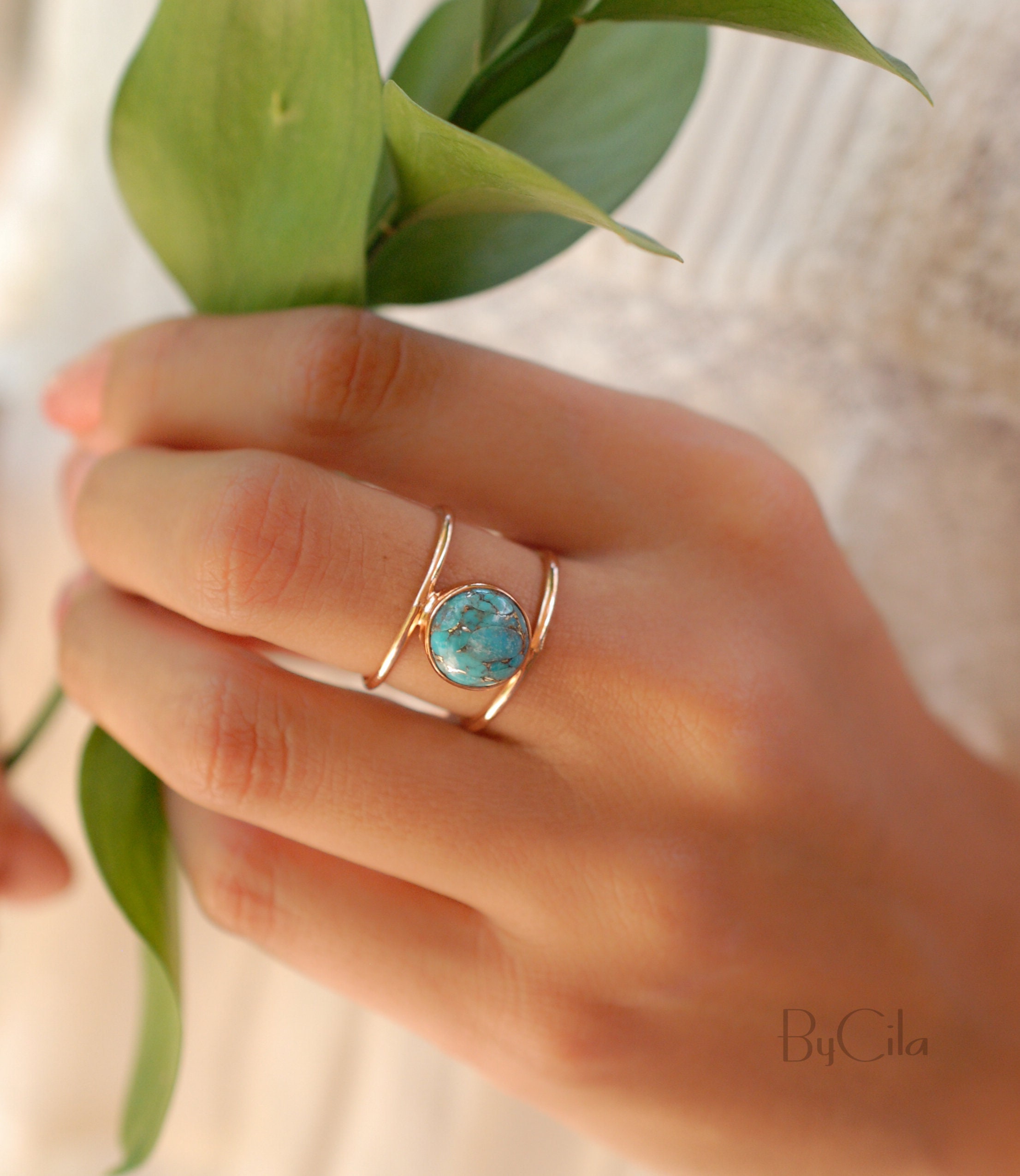 Copper Turquoise Rose Gold Ring Statement Ring Gemstone - Etsy