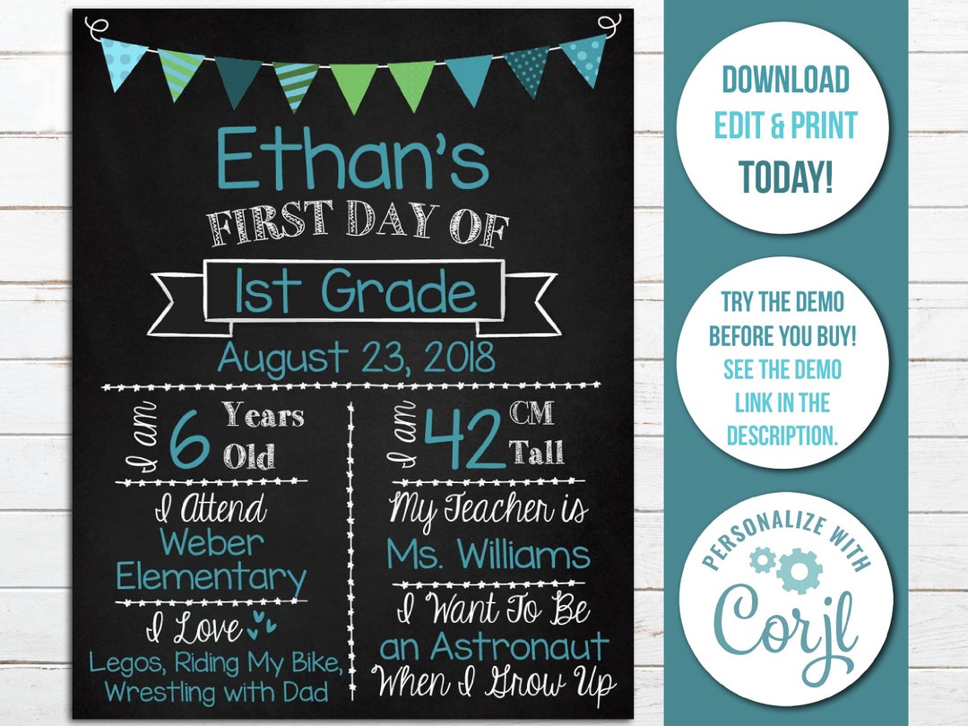Editable First Day of School Printable Sign, Chalkboard Back to School ...