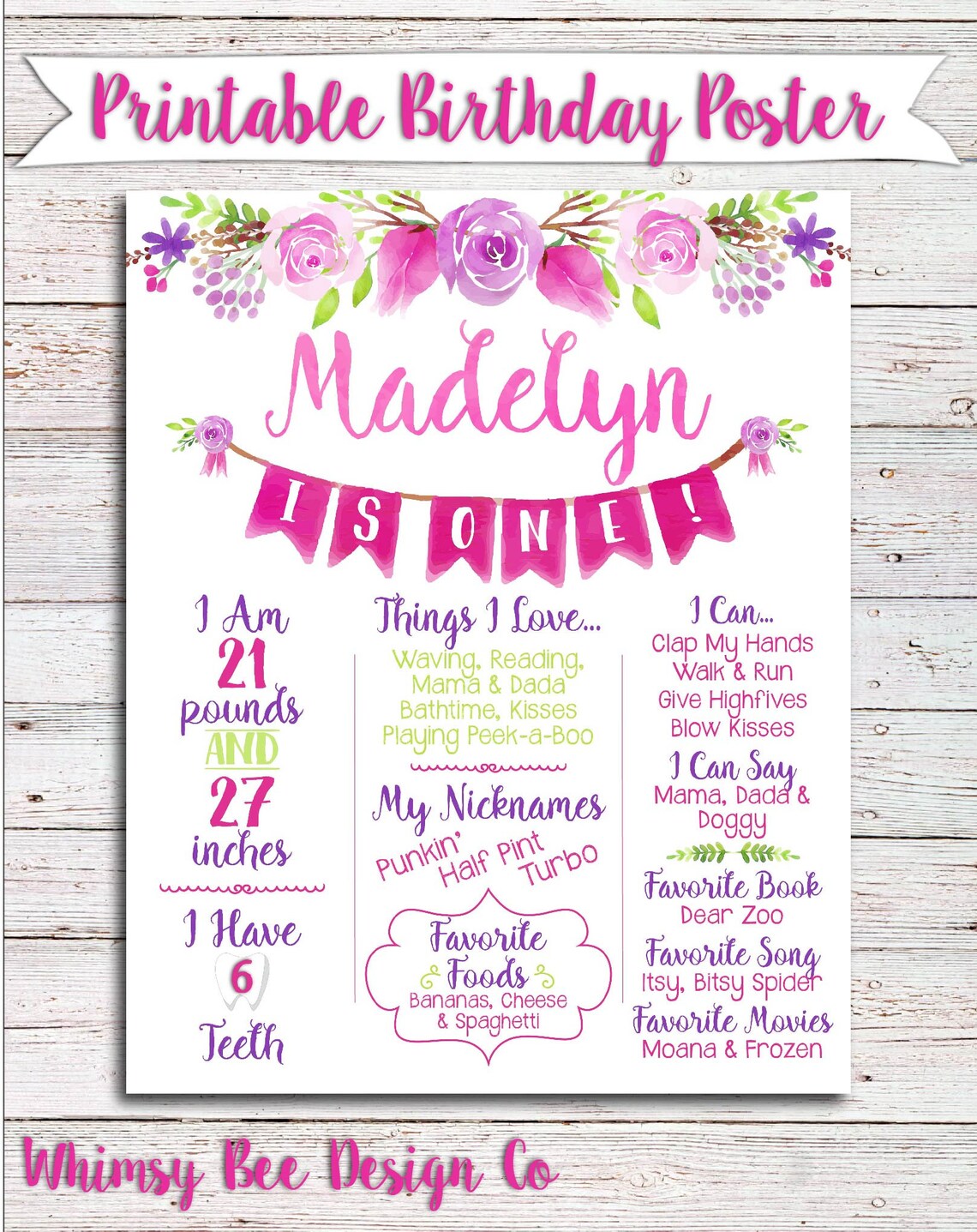 Birthday Board, First Birthday Sign, Watercolor Floral, Girl Birthday ...