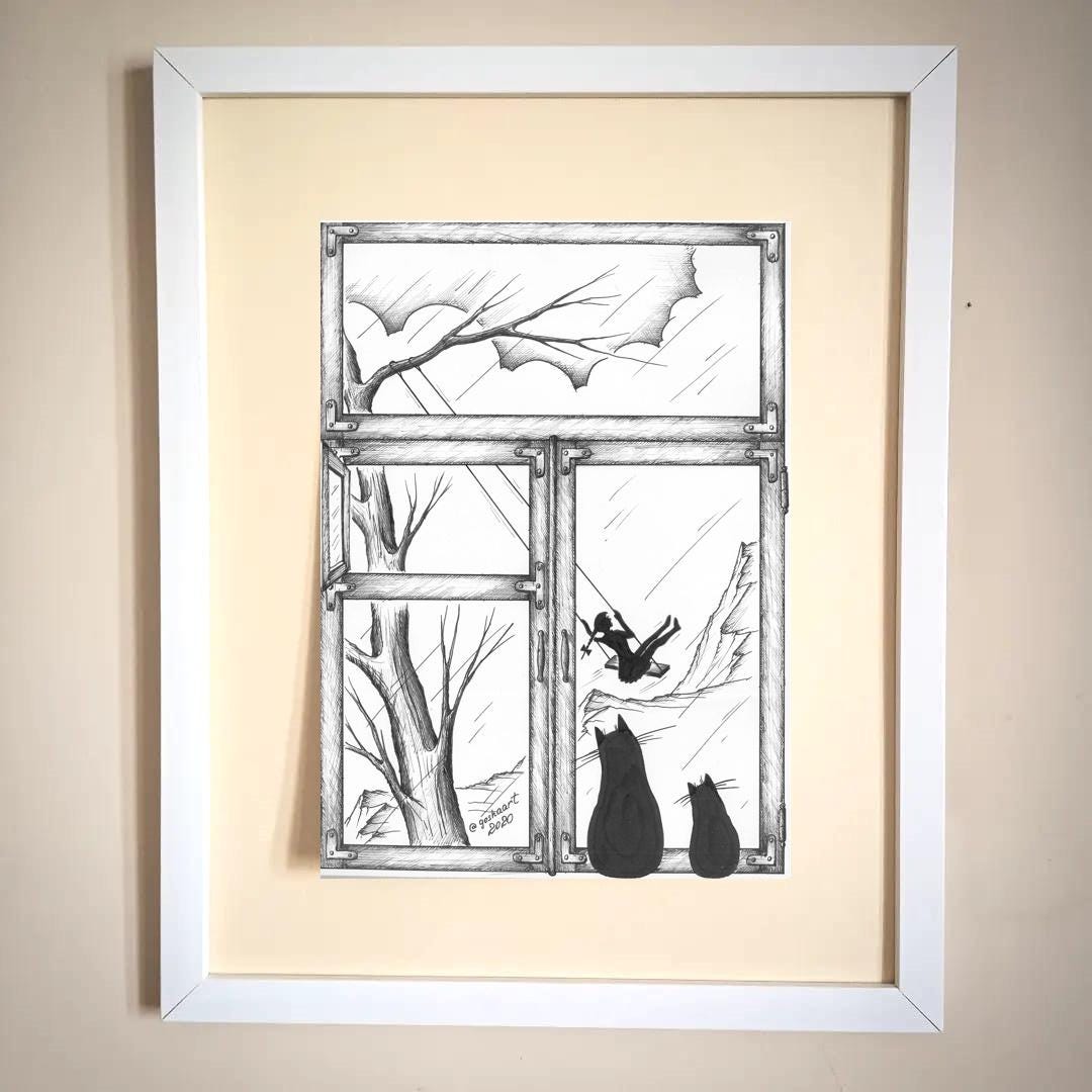 Drawing A4 "rolling Girl and Two Cats" - Etsy