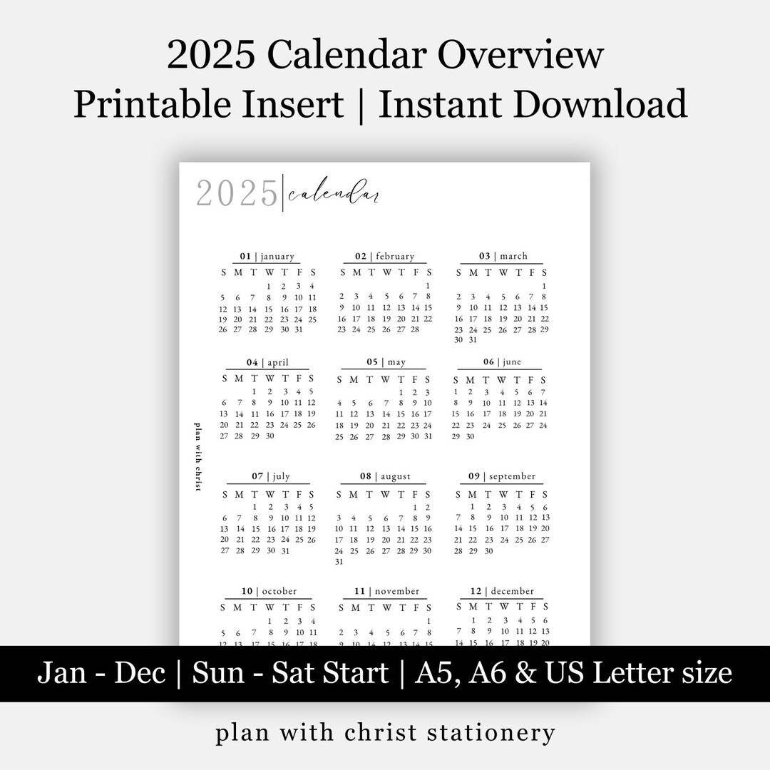 2025 Printable Calendar 2025 Yearly Calendar Year At A Etsy