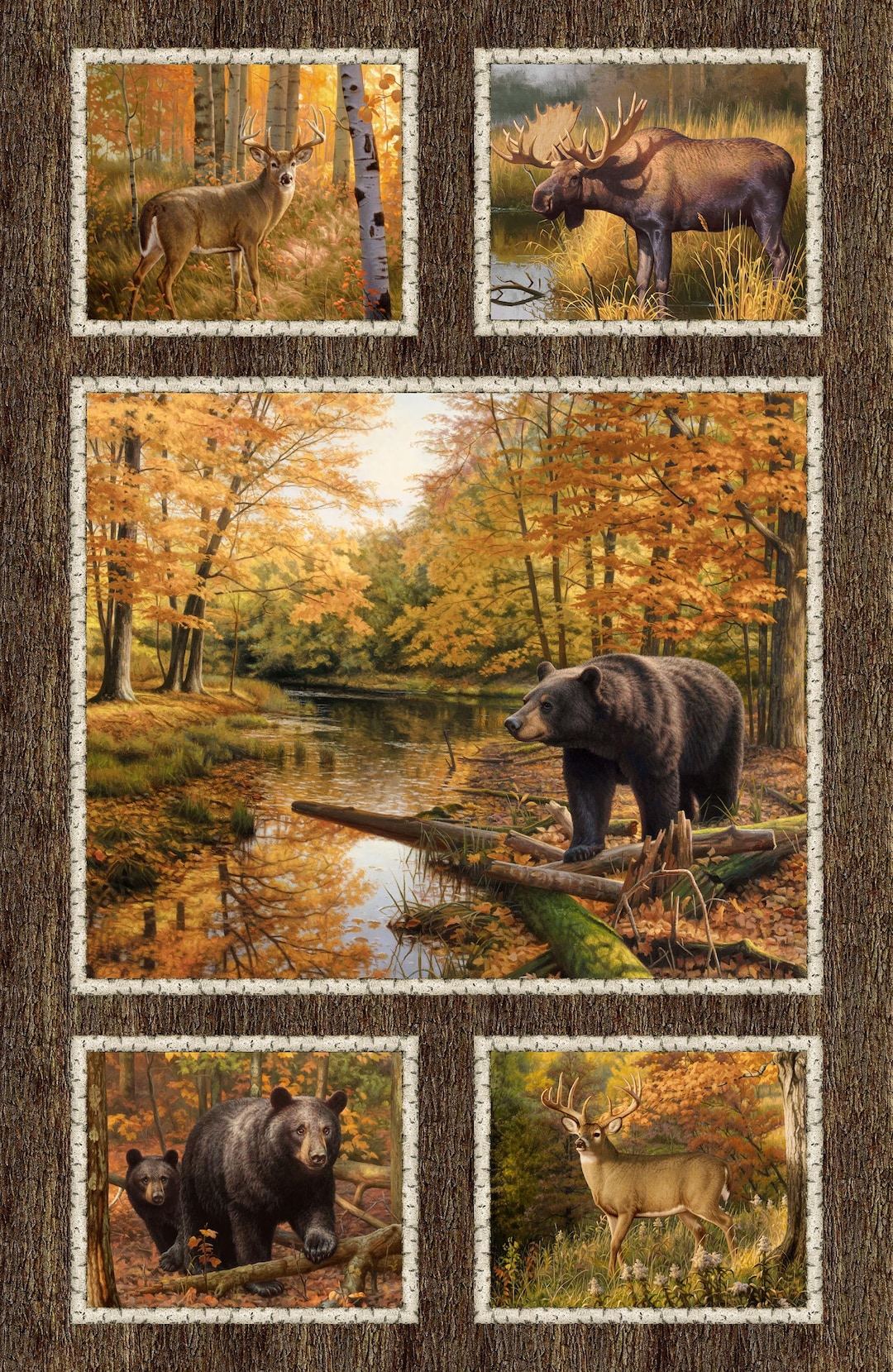 Naturscapes Wilderness Moose, Bear, Deer Fall Quilt Fabric Panel by ...