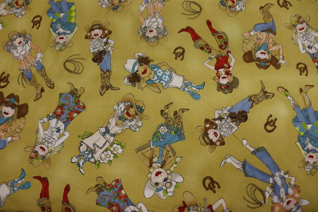 Whoa Girl Tossed Cowgirls Gold Background Quilt Fabric by Loralie ...