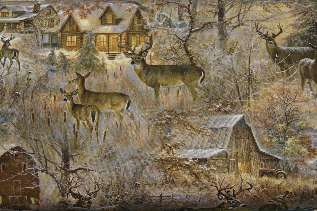 First Frost Allover Deer, Barn House Scene Quilt Fabric by Northcott ...