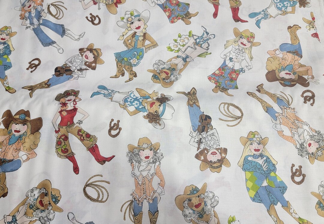 Whoa Girl Tossed Cowgirls White Background Quilt Fabric by Loralie ...
