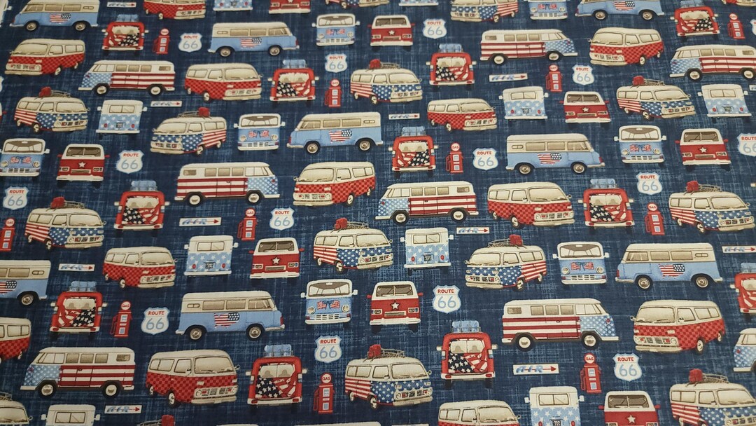 All American Road Trip Old Vans Blue Background Quilt Fabric by Studio ...