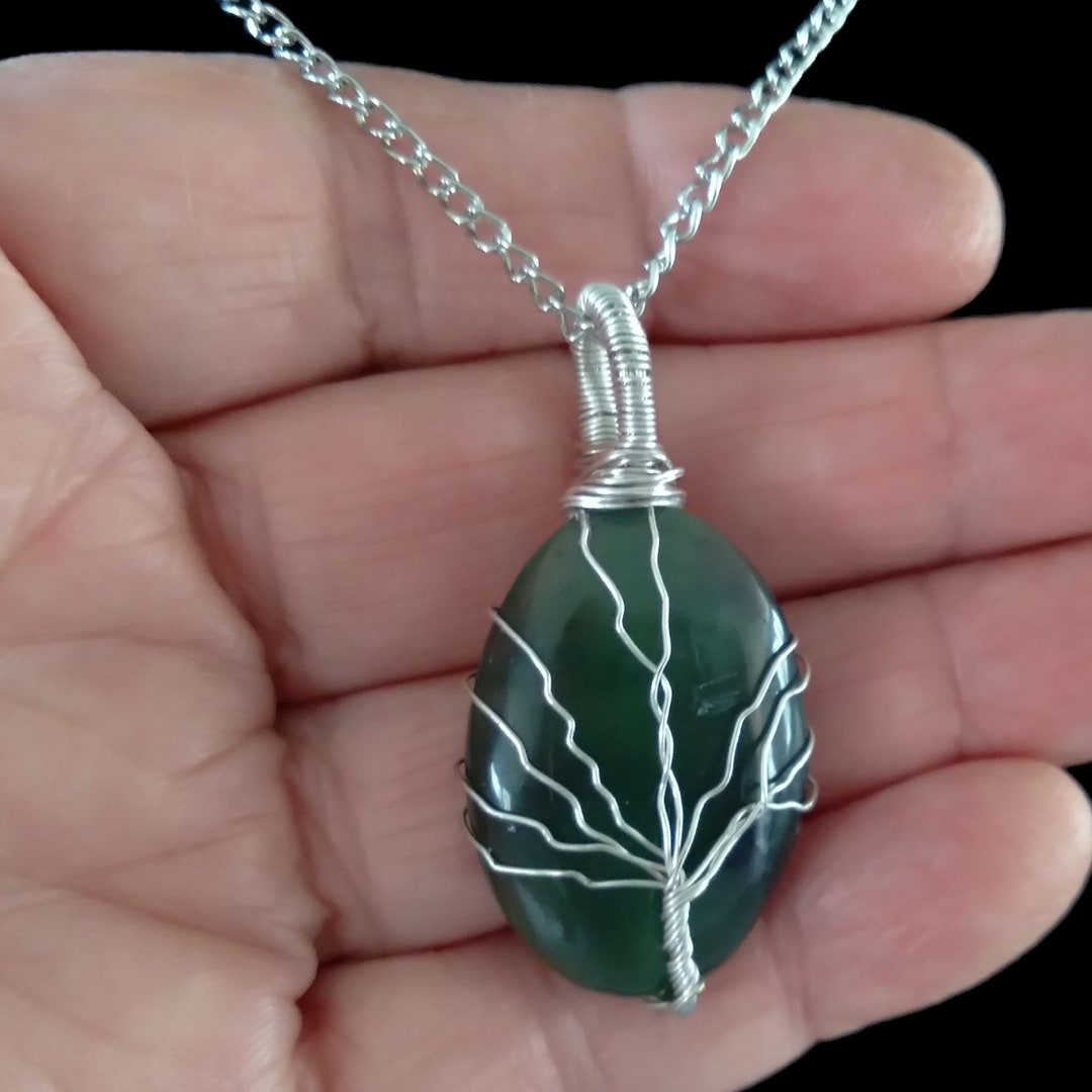 Green Serpentine Tree of Life Silver Plated Wire Wrapped Natural ...