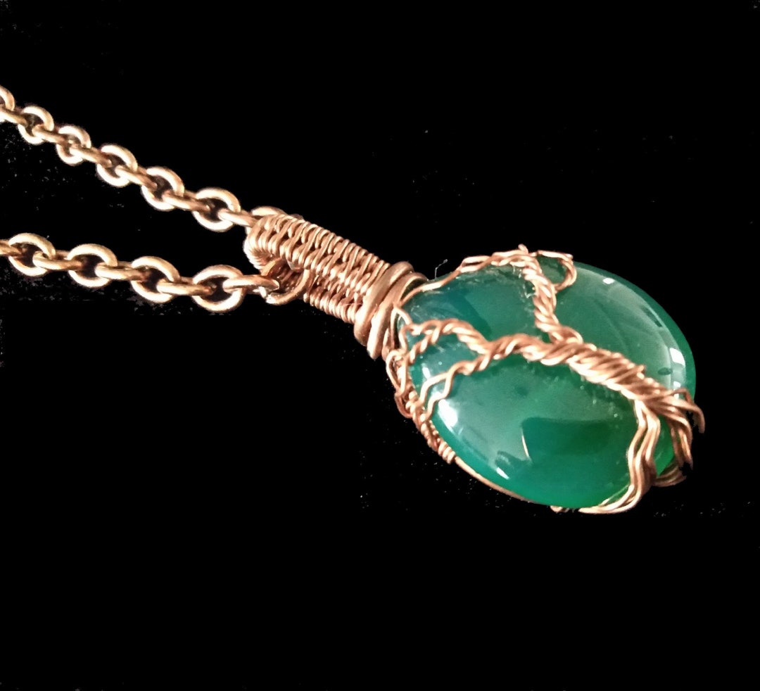 Green Onyx, Tree of Life, Copper Wire Wrapped Teardrop Shape Stone ...