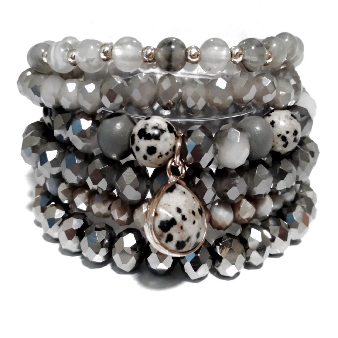 Stack Bracelet, 6 Piece Dalmation Jasper, Jasper, Faceted Hematite Crystal, and Mixed Beads ...