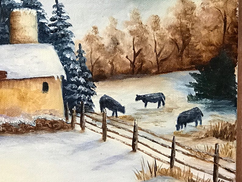 Winter Farm Oil Painting, Cows in Winter, Snow Farm Mountains, Mountain ...
