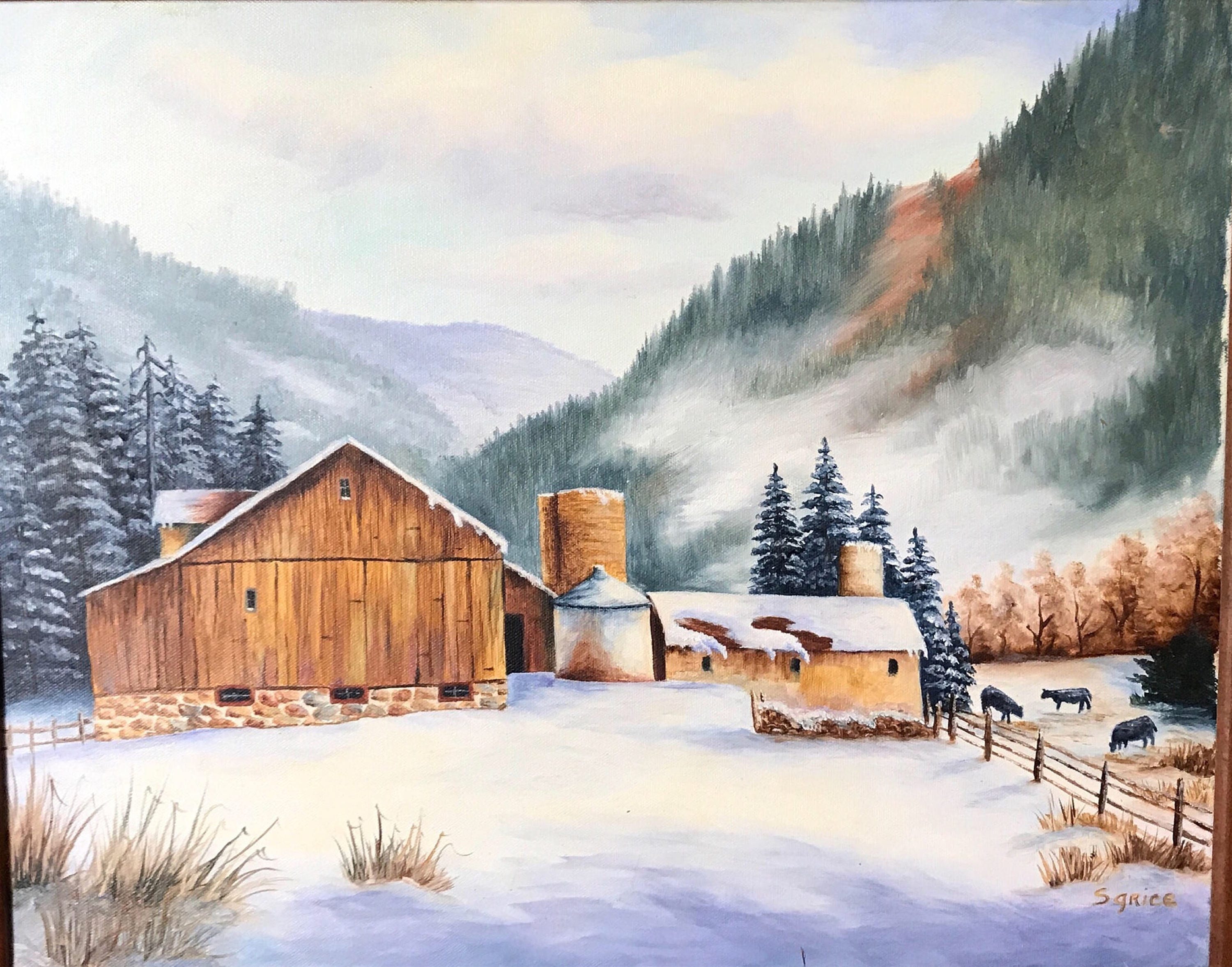 Winter Farm Oil Painting, Cows in Winter, Snow Farm Mountains, Mountain ...
