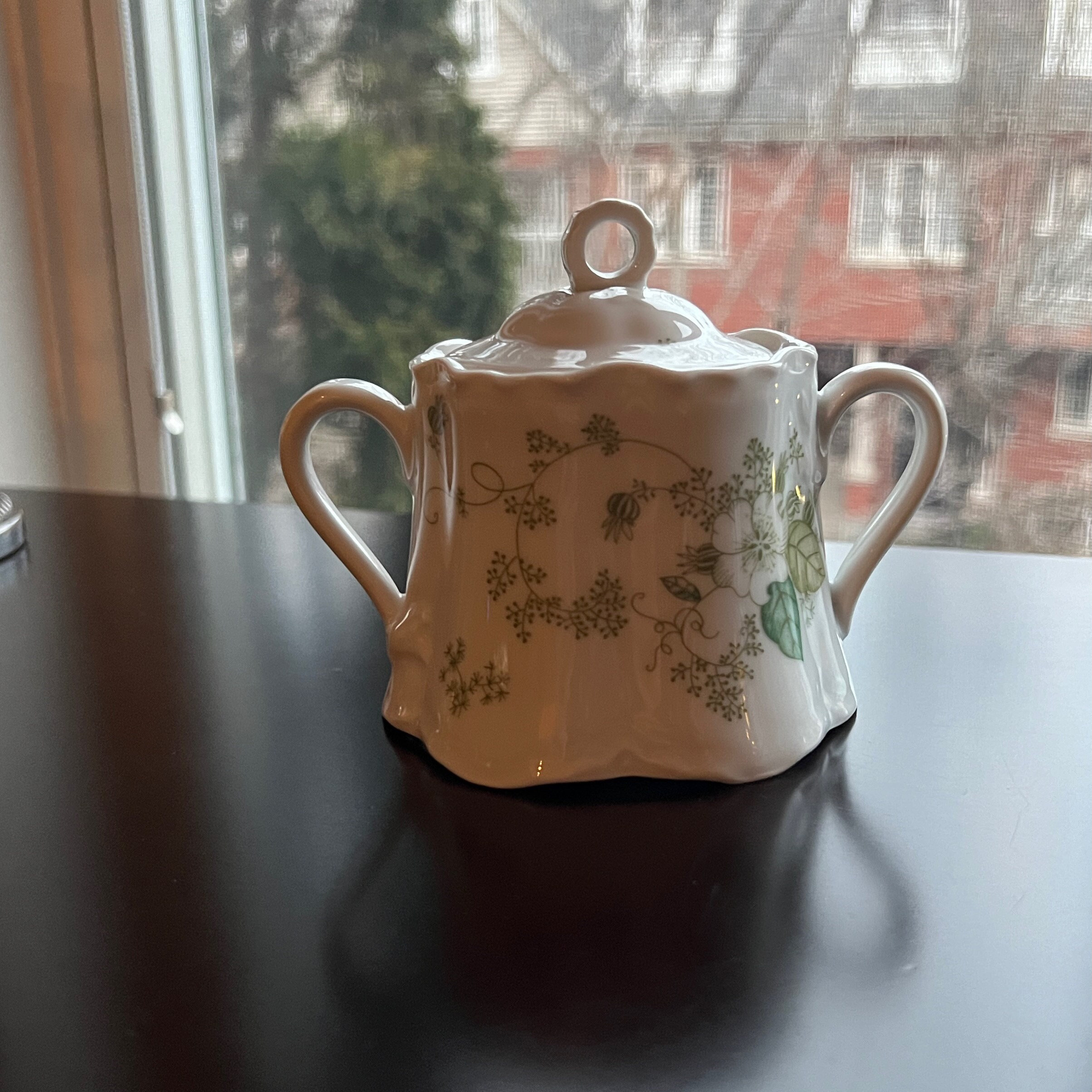 Green Floral Sugar Dish, Antique Sugar Dish, Double-handled Glassware ...
