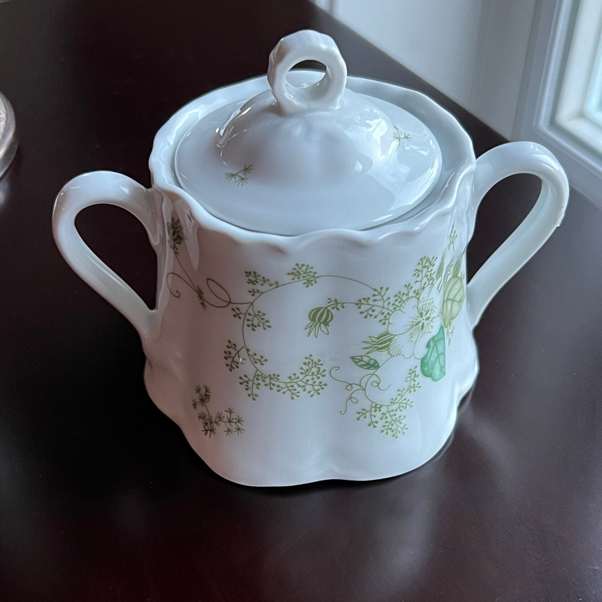 Green Floral Sugar Dish, Antique Sugar Dish, Double-handled Glassware ...