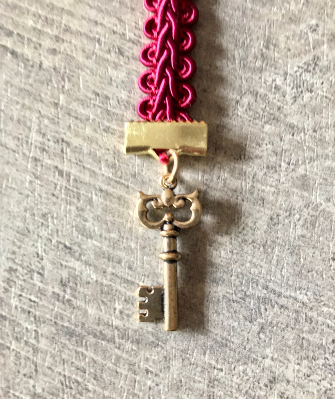 Gold Key Charm Bookmark, mini key bookmark, burgundy ribbon bookmark ...