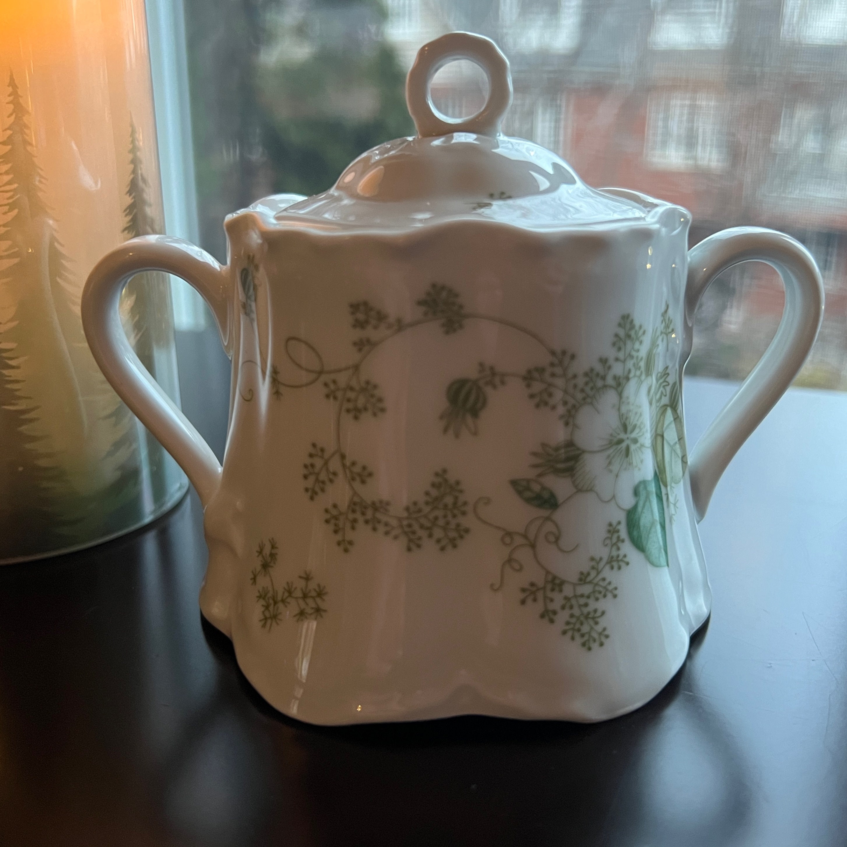 Green Floral Sugar Dish, Antique Sugar Dish, Double-handled Glassware ...